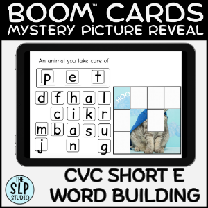 CVC Short E Word Building Mystery Picture Reveal Task Cards - Boom Cards