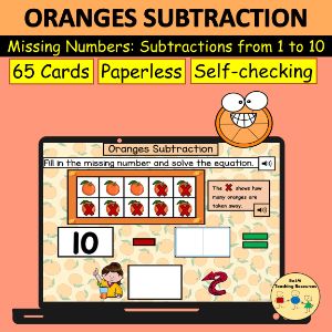 Subtraction within 1 to 10 Missing Numbers Oranges Fruit - Boom Cards
