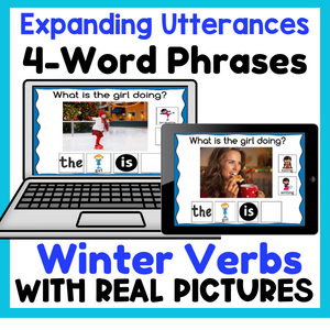 Expanding Utterances (4-Word)| Winter Verbs| Real Photo Free - Boom Cards