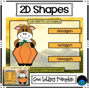 Geometry 2D Shapes Cow holding Pumpkin - Boom Cards
