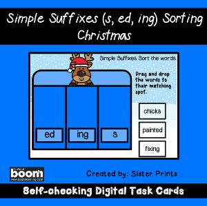 Simple Suffixes (s, ed, ing) Sorting Christmas - Boom Cards