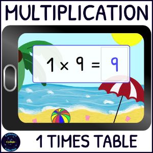Multiplication facts practice - 1 times table - Summer beach - Boom Cards