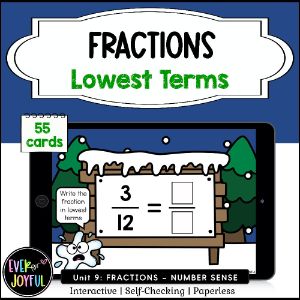 [Unit 9] Fractions - Lowest Terms (Winter Snow) - Boom Cards