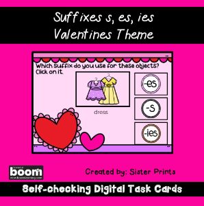 Suffixes s, es, ies Valentines Theme - Boom Cards